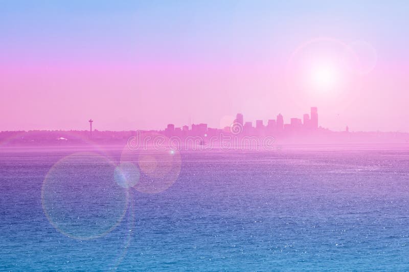Seattle Silhouette View with Sun Flare Stock Photo - Image of flare ...