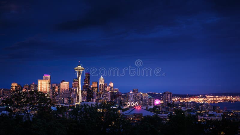 Seattle Skyline at Night editorial stock photo. Image of scenic - 122381623