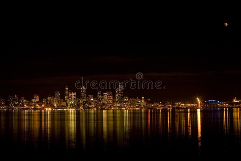 Seattle Skyline with Eclipse Stock Photo - Image of shine, building ...