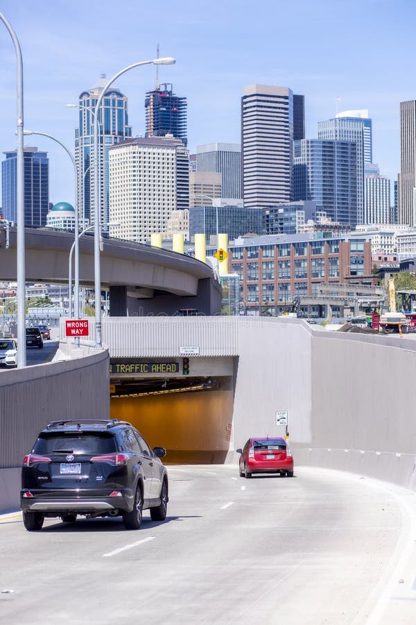 Seattle Skyline with Light Traffic in Under City Tunnel Editorial Stock ...