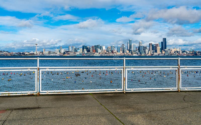 Seattle Skyline Love Locks 2 Stock Image - Image of buildings, fence ...