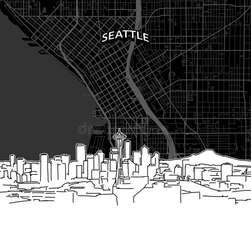 Seattle skyline with map stock vector. Illustration of mount - 123139087