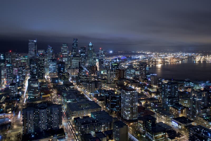 Seattle Skyline at Night from Air Stock Photo - Image of northwest ...