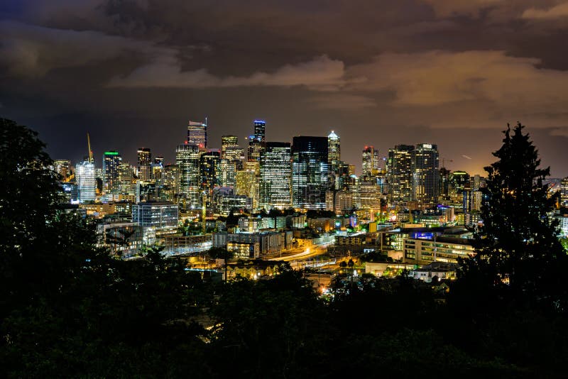 Seattle Skyline at Night stock image. Image of cityscape - 94941181