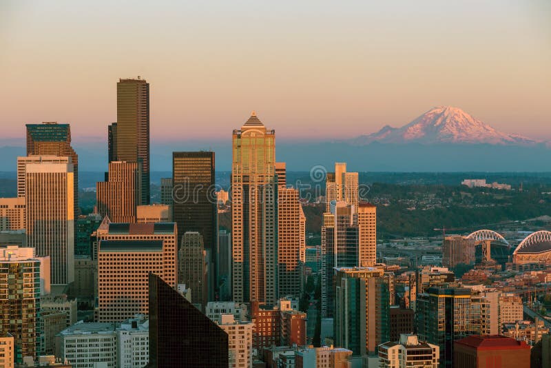 Seattle Skyline Panorama at Sunset Stock Image - Image of landmark ...