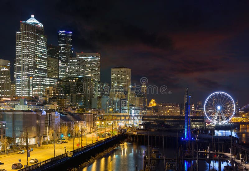 Seattle Skyline by the Pier at Night Stock Photo - Image of office ...
