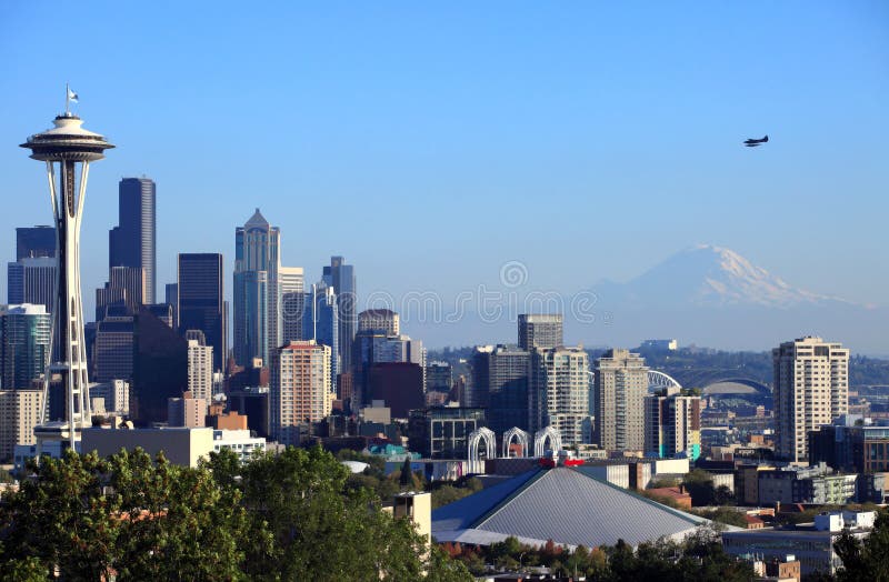 Seattle Skyline & Plane, WA. State. Stock Image - Image of living ...