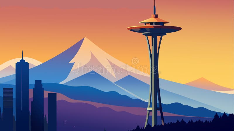 Seattle Skyline Space Needle Mountain Sunset Vector Graphic Stock ...