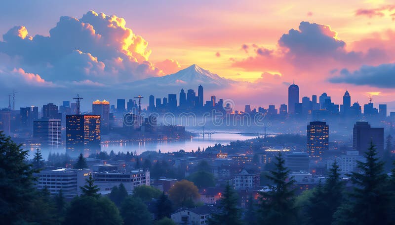 Seattle Skyline at Sunset with Mountain View and Colorful Clouds Stock ...