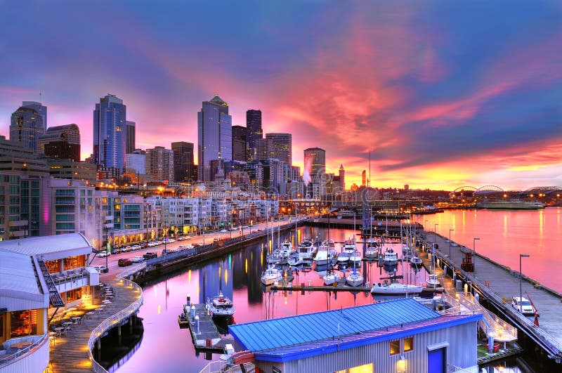 Seattle Skyline and Waterfront in Sunrise Stock Photo - Image of ocean ...