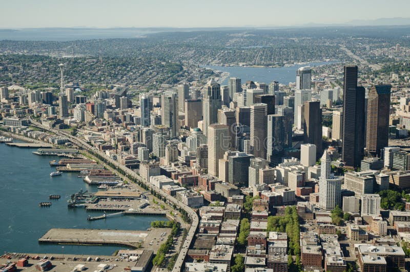 Aerial Photo City Skyline and Freeway, Seattle, Washington, USA Stock ...