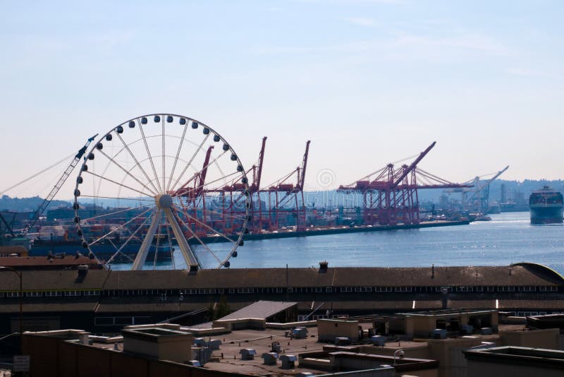 Seattle, USA, August 30, 2018: View of the Port with a Ferris Wheel in ...