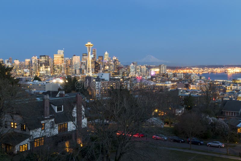 Seattle City Skyline at Night Stock Photo - Image of beautiful ...
