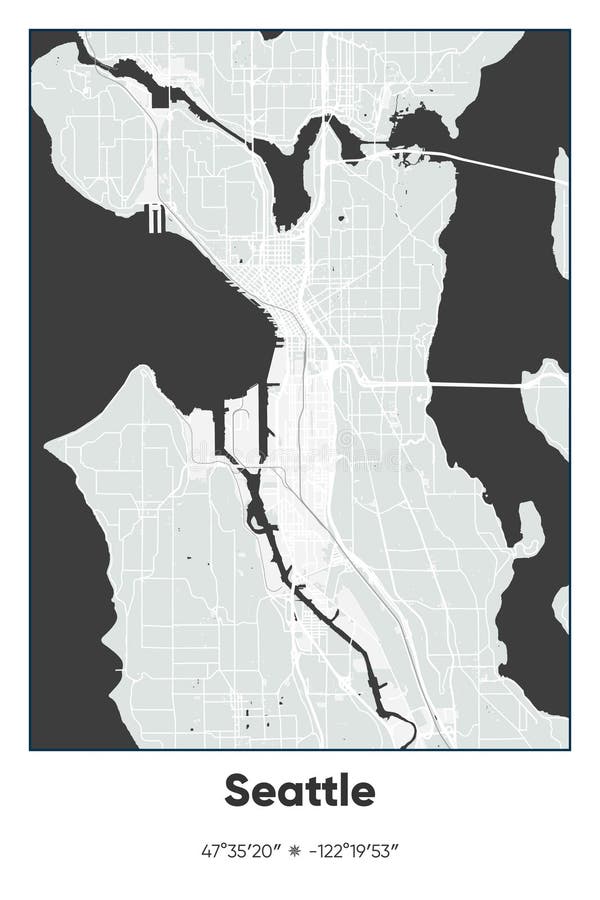 Seattle, Washington - Vector Map of City in Gray, Black, White Colors ...