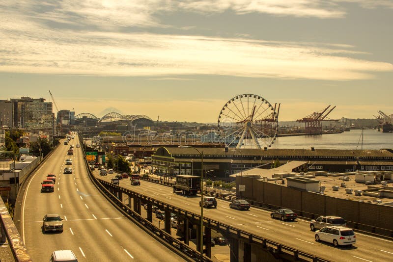Seattle Waterfront in the Afternoon with a View of the Ferris Wheel ...