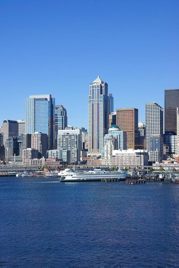 Seattle Waterfront Skyline,with Ferry Stock Image - Image of buildings ...