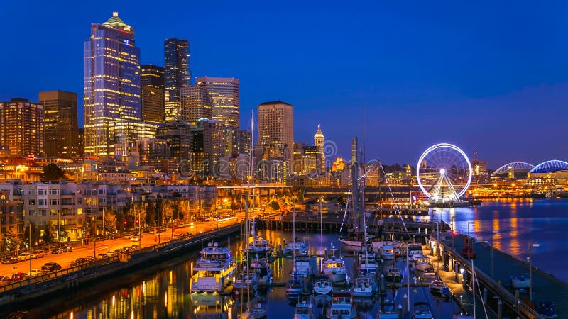Seattle Waterfront after Sunset Stock Photo - Image of marina, city ...