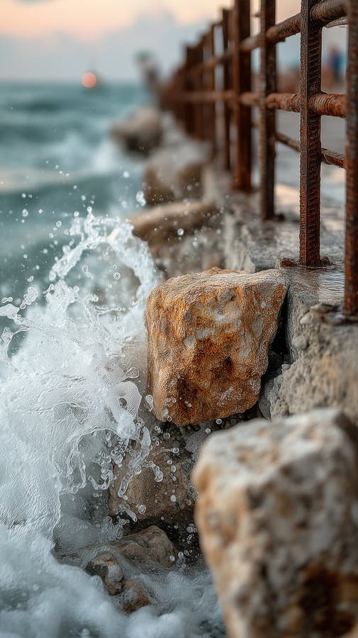 Seawall Ocean Erosion Wave Splash Stone Rusted Barrier Dramatic Scene ...