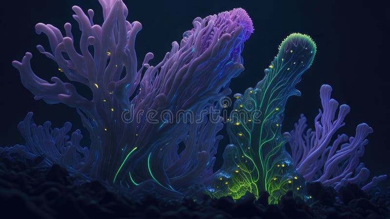 Seaweed and Algae in Glowing Neon. Generative Ai Stock Illustration ...