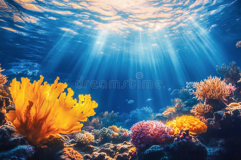 Seaweed and Coral Reef with Sun Rays Breaking through Water. Stock ...