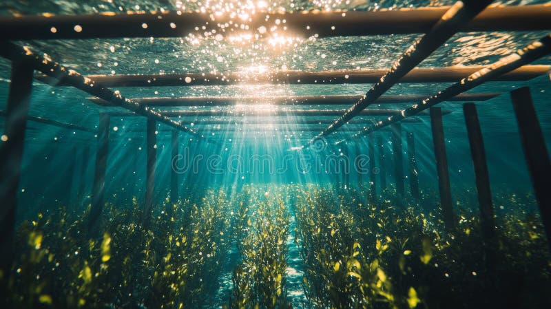 The Seaweed Grows in a Submerged Rack System Up Close. Stock ...