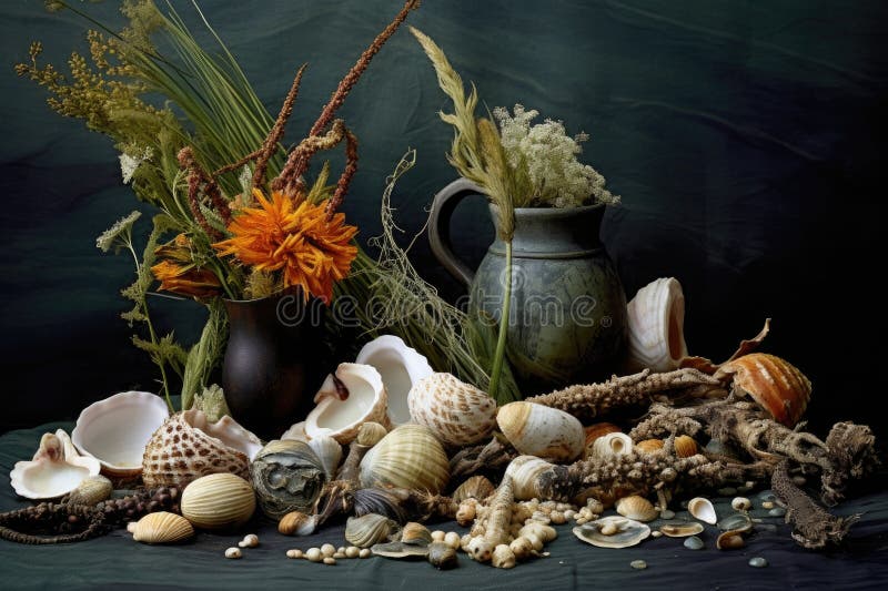 Seaweed and Shells Collected from the Shore Stock Illustration ...