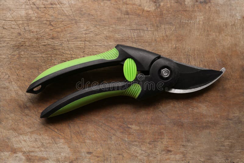 Secateur on Wooden Table, Top View. Gardening Tool Stock Image - Image ...
