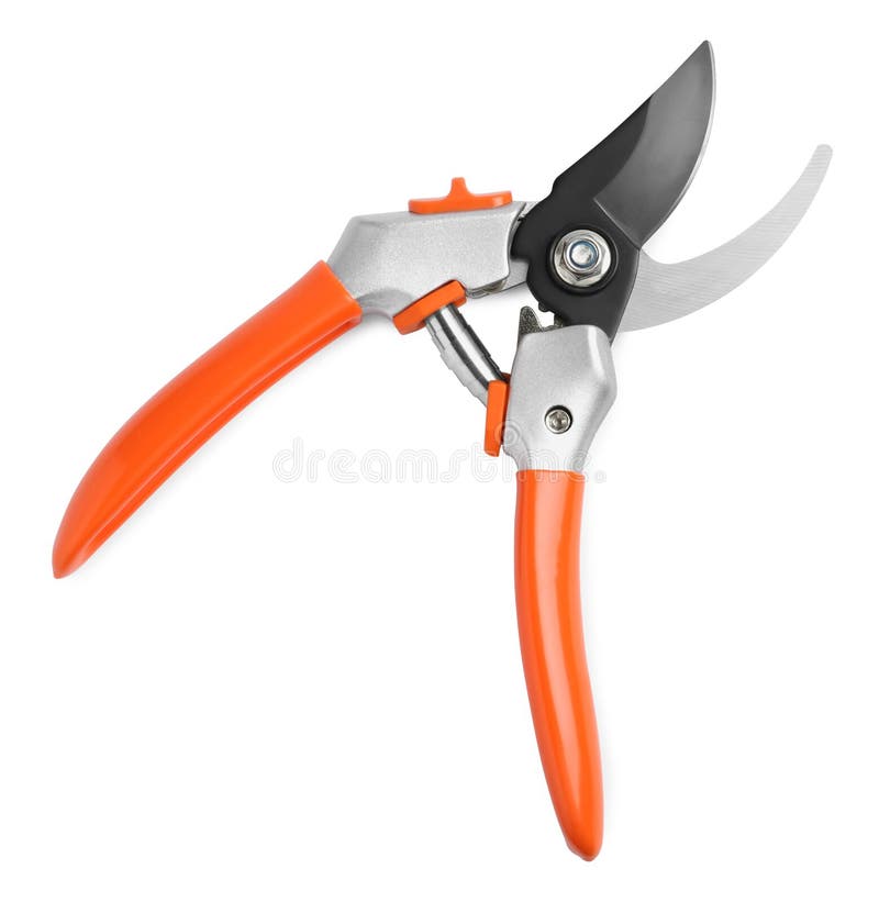 Secateurs with Orange Handles Isolated on White, Top View. Gardening ...