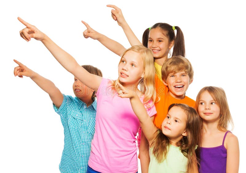Sechs Glückliche Kinder, Die Finger Zeigen Stockbild - Bild von recht ...