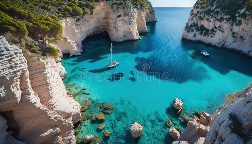 A Secluded Bay with Turquoise Waters and White Cliffs Under a Sunny Sky ...