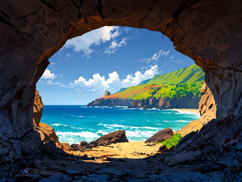 Secluded Beach Cove with Ocean and Mountains Stock Illustration ...