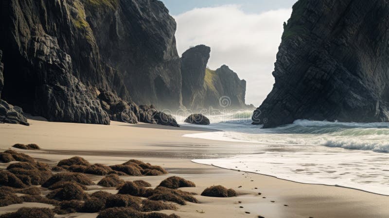 Secluded Beach Scene with Rugged Cliffs and Crashing Waves Stock ...