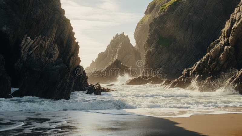 Secluded Beach Scene with Rugged Cliffs and Crashing Waves in Nature ...