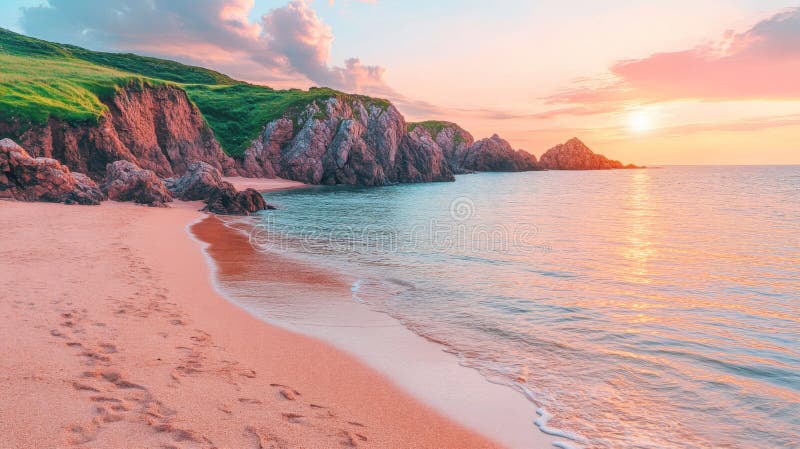 Secluded Beach Sunset Coastal Cliffs Sandy Shore Stock Illustration ...