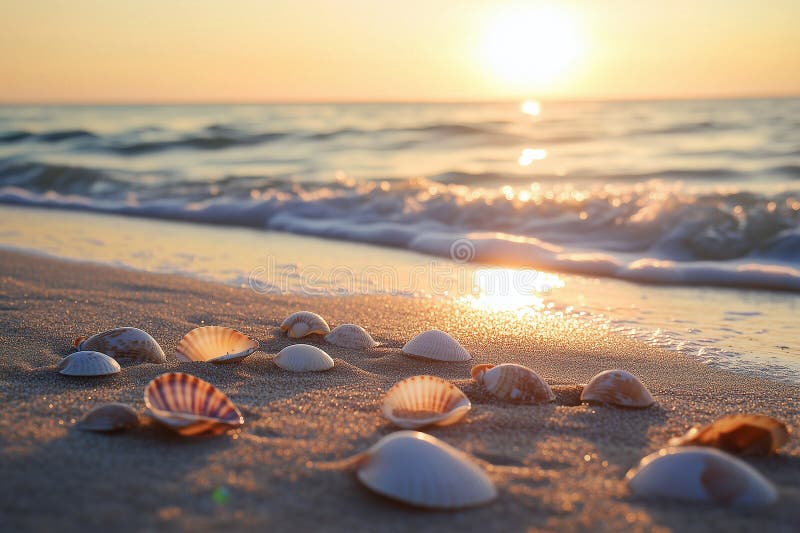 A Beautiful Sunset Gleams Over a Beach Scattered with Colorful ...