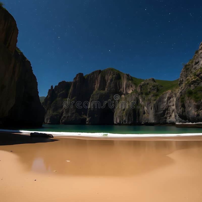 A Secluded Beach Surrounded by Towering Cliffs, with Stars Reflecting ...