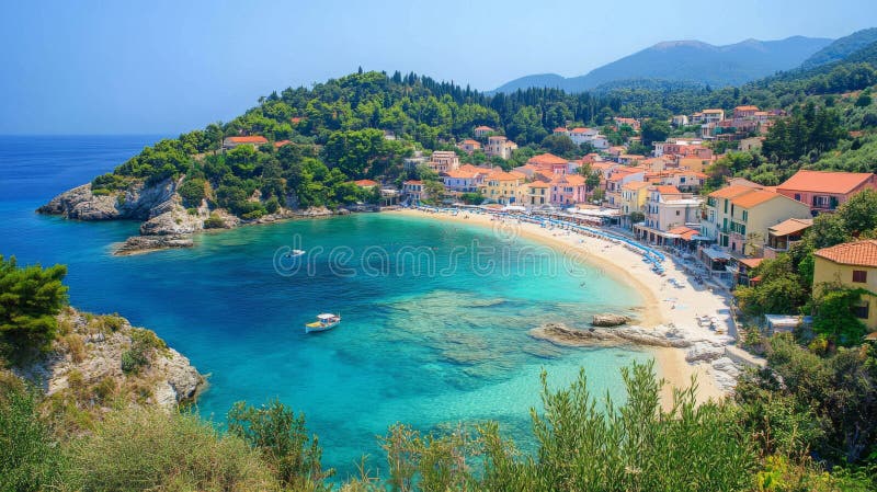 Secluded Beach Village Coastal Scene Stock Illustration - Illustration ...