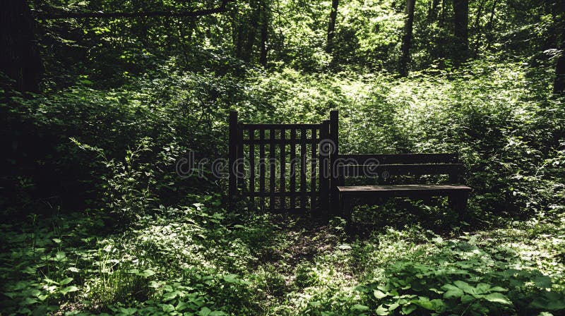 A Secluded Bench and Gate Nestled among Lush Greenery in a Tranquil ...