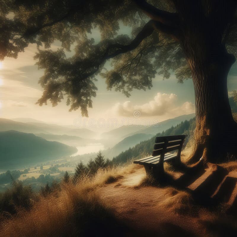 A Secluded Bench Overlooking a Landscape Silently Visited by Gen Stock ...