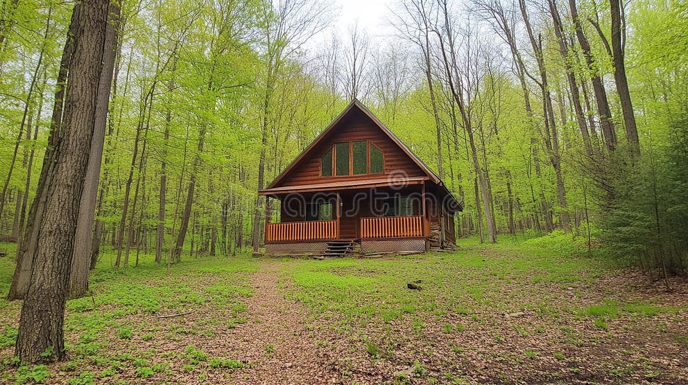 Secluded Cabin, Forest Path, Spring Foliage, Rental Stock Image - Image ...