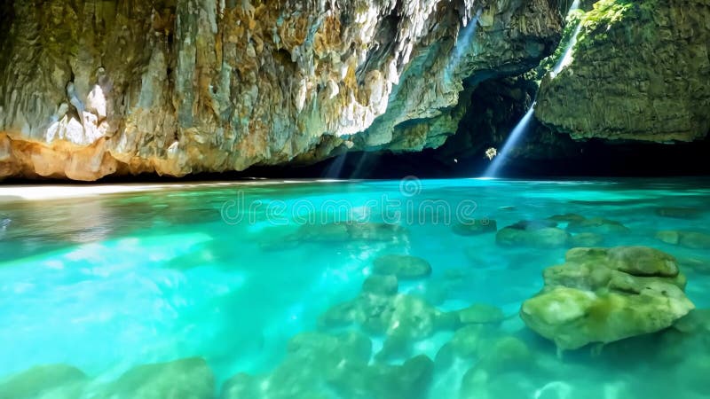 A Secluded Cave with Crystal-clear Turquoise Water, Sunlight Streaming ...