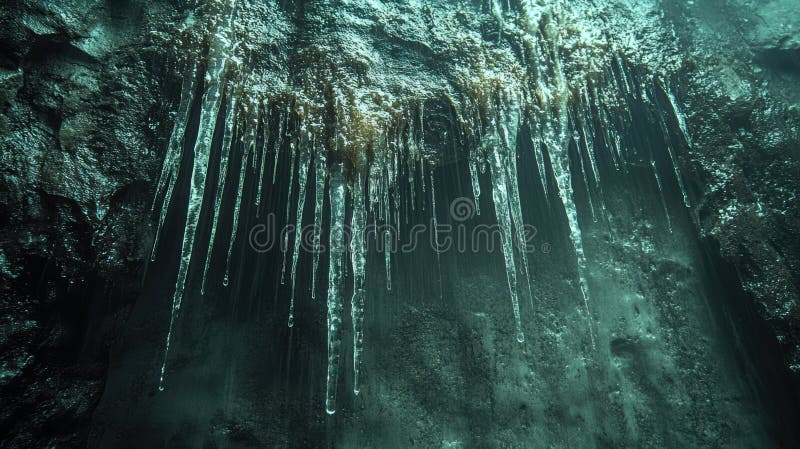 Water Droplets Cascade from Rocky Formations in a Dimly Lit Cave ...