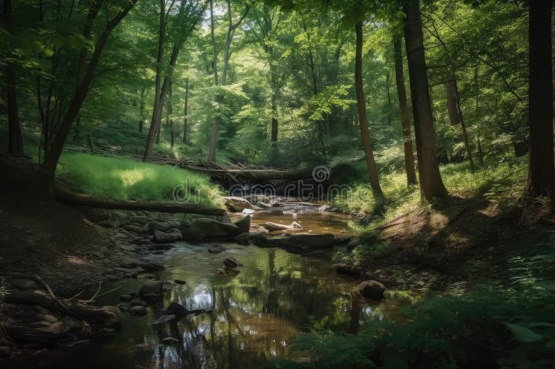 Secluded Forest Oasis Surrounded by Tall Trees and a Babbling Brook Stock Illustration ...