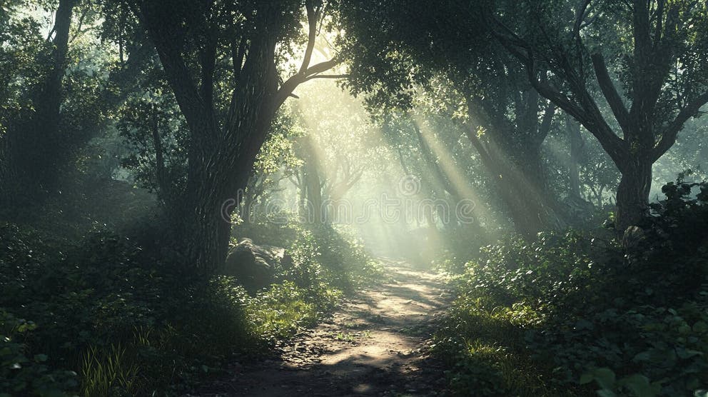 A Secluded Forest Path with Sunlight Streaming through the Trees. Stock ...