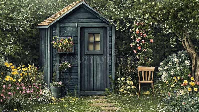 Secluded Garden Shed, Flowers, Chair, Spring Stock Image - Image of ...