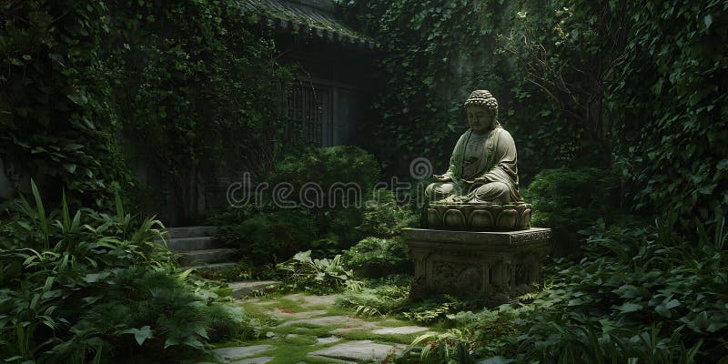 Secluded Garden Statue Serene Stone Figure in Lush Greenery Stock ...