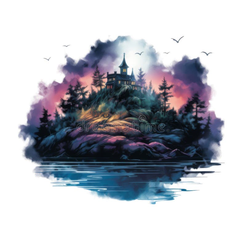 A Secluded House on a Misty Island at Dusk Stock Image - Illustration ...