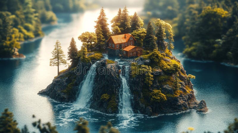Secluded Island Waterfall House Pixel Art Stock Illustration ...