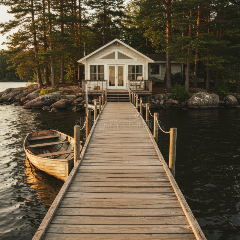 Secluded Lake House with Wooden Dock and Rowboat Stock Illustration - Illustration of summer ...