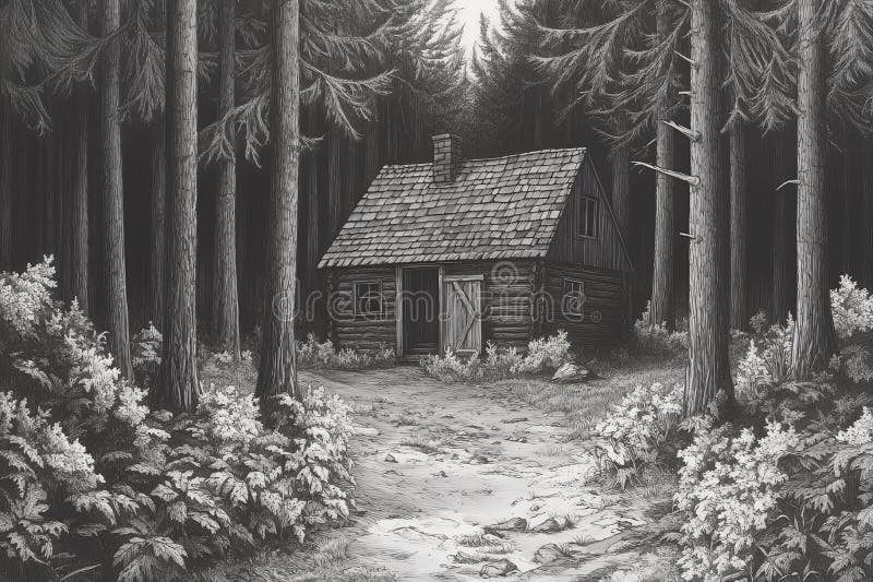 Secluded Log Cabin in Deep Forest Monochrome Pen Ink Drawing Stock ...